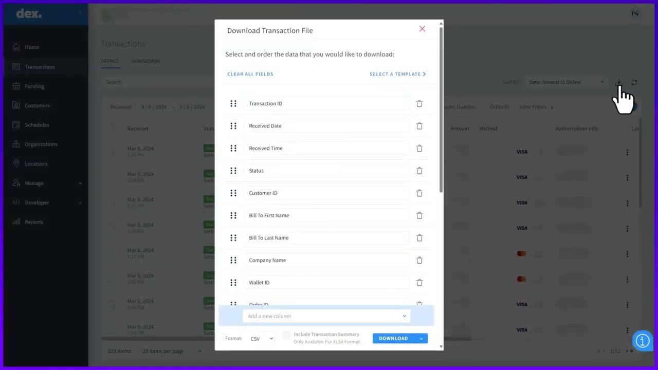 Export Transactions in Dex