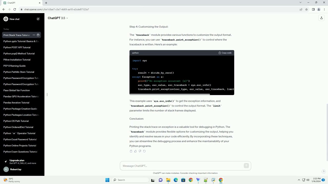 python print stack trace on exception