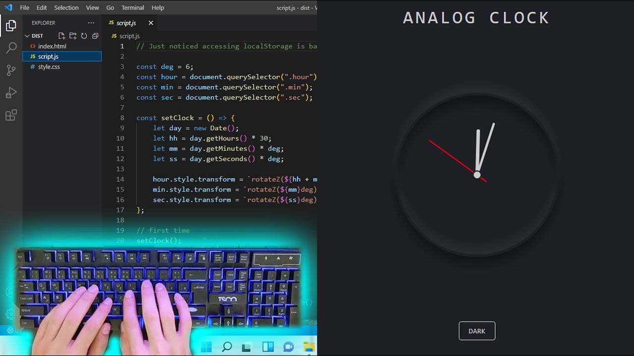 ASMR Programming - Analog Clock Dark Light Theme Using HTML CSS & JavaScript - No Talking