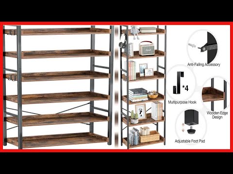 Rolanstar Bookshelf 6 Tier with 4 Hooks , Industrial Wood Bookcase, Vintage Storage Rack