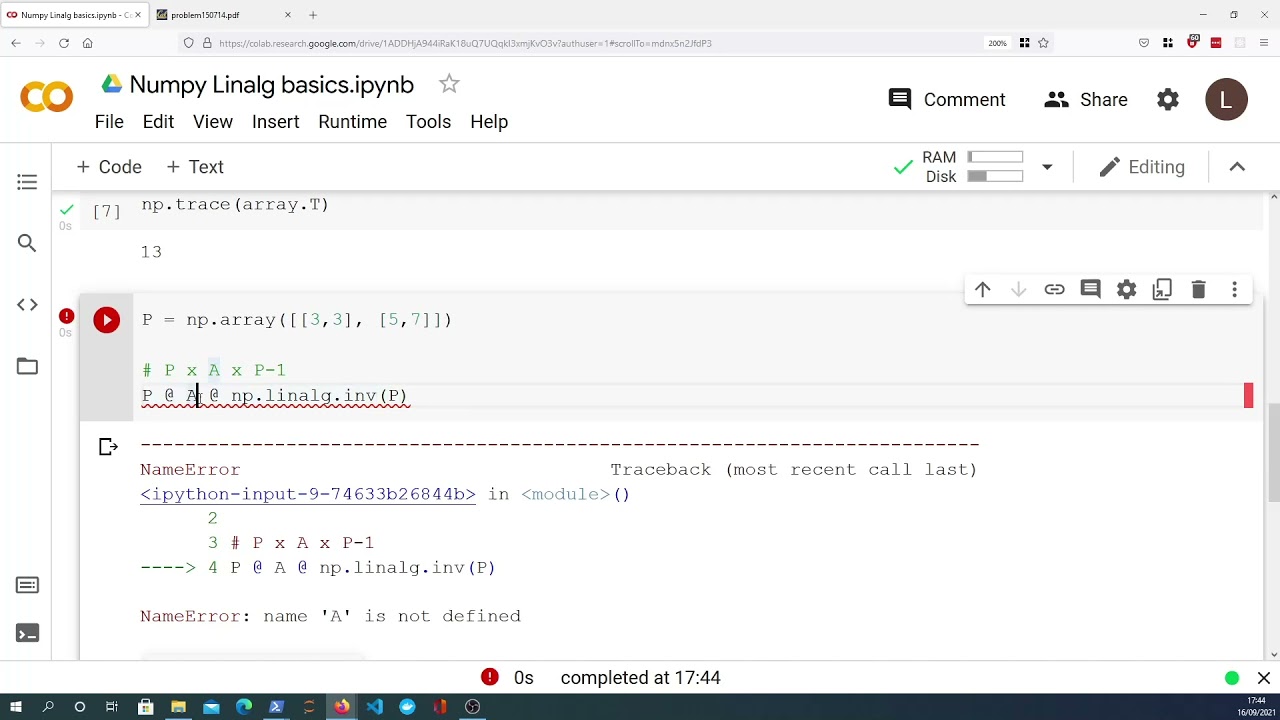 Basic Linear Algebra in Numpy (eigenvalues, trace, determinant, inverse, upper triangular matrices)