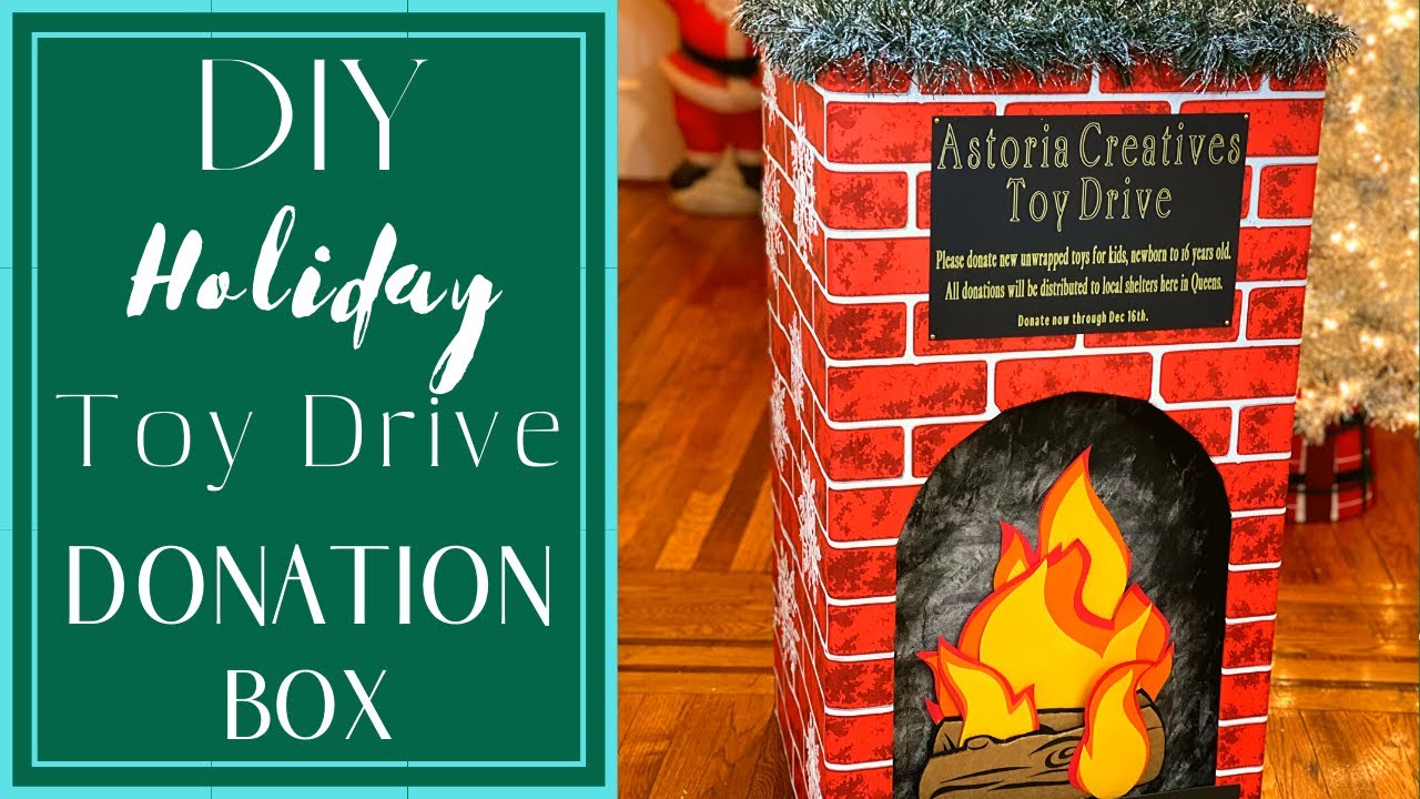 DIY VINTAGE CARDBOARD FIREPLACE TOY DRIVE DONATION BOX