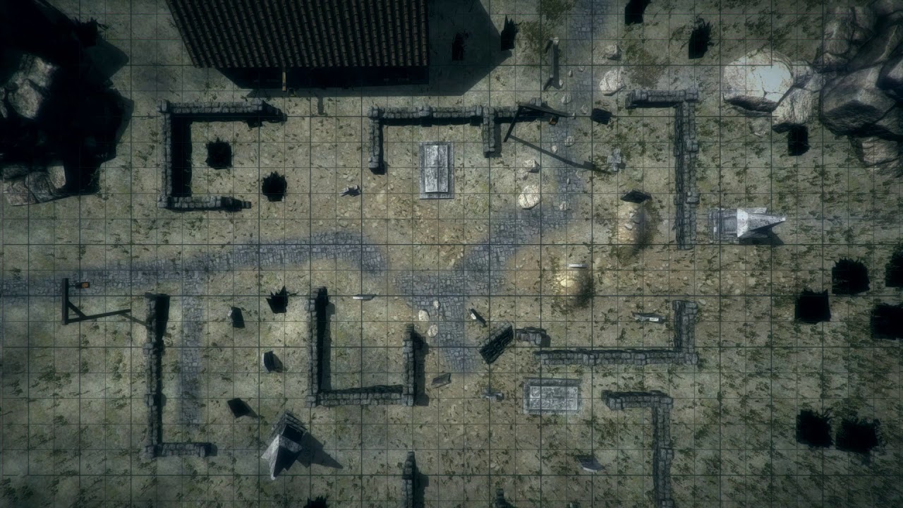 D&D Animated Encounter Battle Map - Graveyard Graveyard Daytime Grid