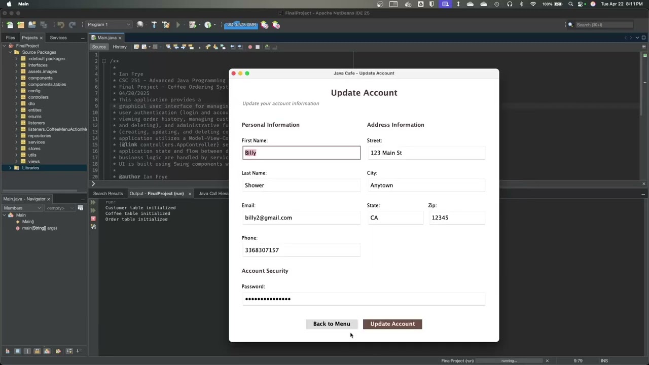 Coffee Ordering System In Java with Swing
