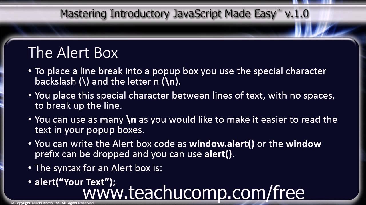 JavaScript Training Tutorial The Alert Popup Box