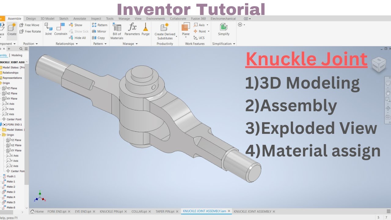 Autodesk Inventor Tutorial: Knuckle Joint | 3D Modeling| Assembly | Exploded View