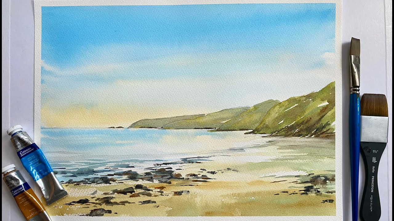 Lois' Simple BEGINNERS Watercolor Landscape, Cornwall Beach watercolour painting tutorial Seascape