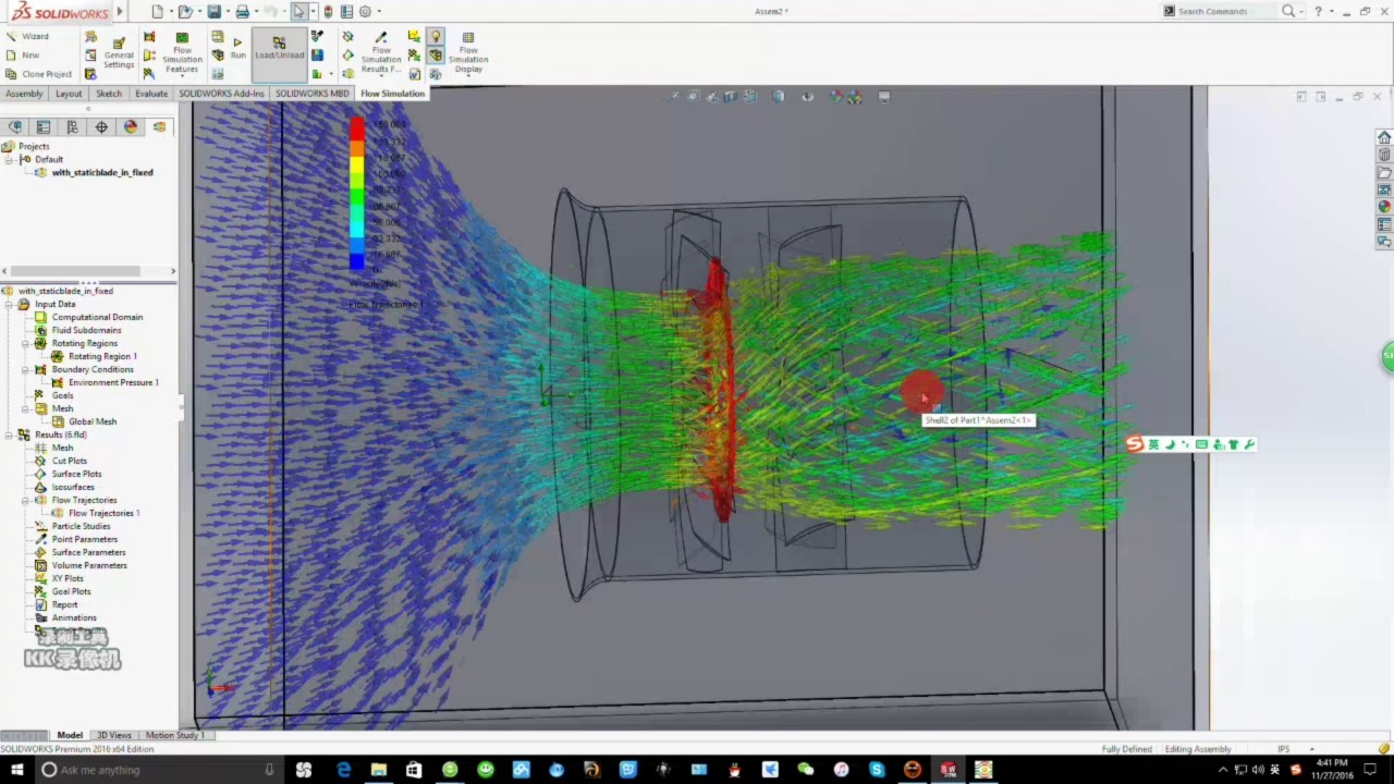 Solidworks fluid simulation of a ducted fan, with rotating region