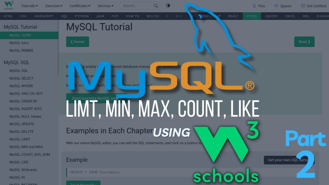 W3Schools MySQL Tutorial - 02 UNDERSTANDING Limit, Functions, Counts, Like in MySQL using W3Schools