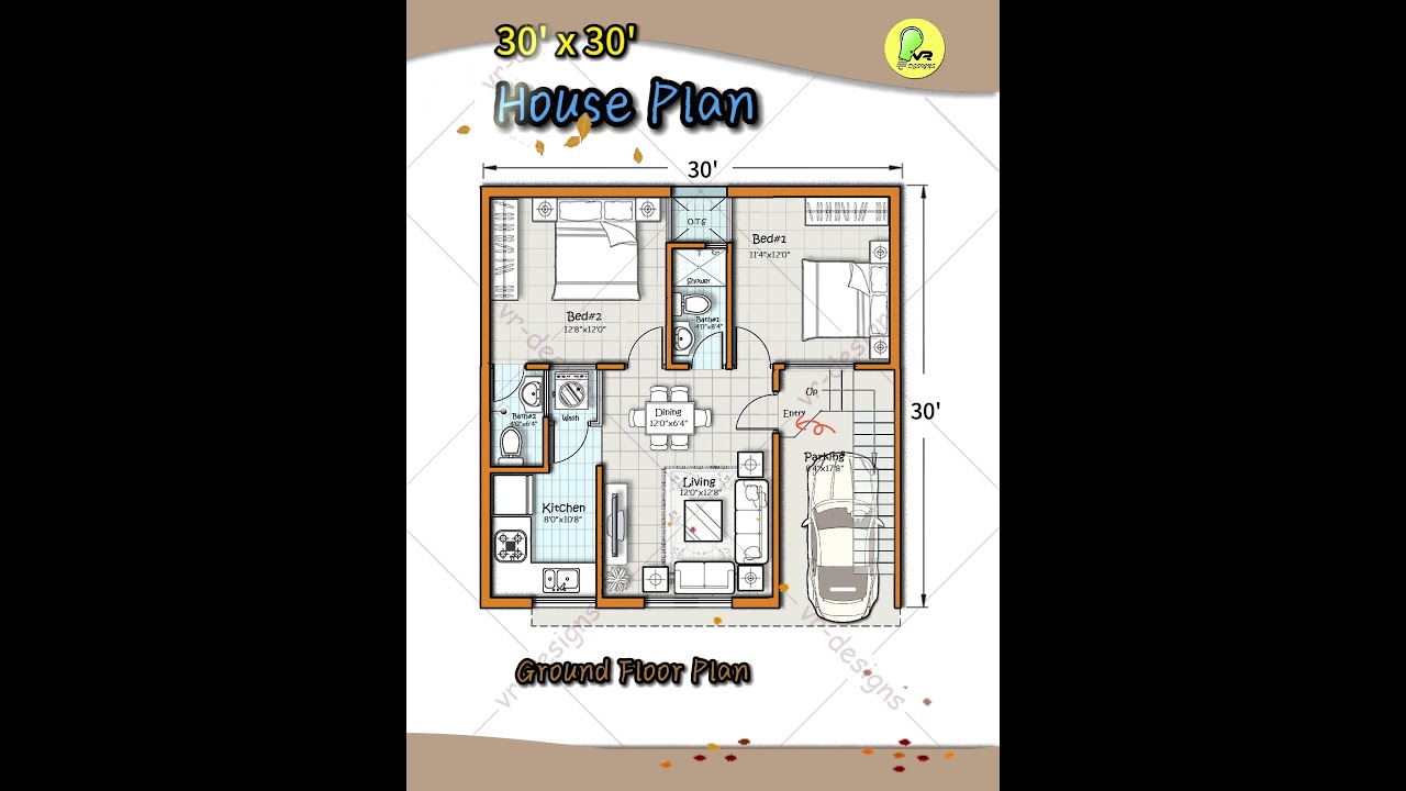 30'× 30' house plan, East Facing, 2BHK with car parking, 30*30 house design, #indianstyle #houseplan