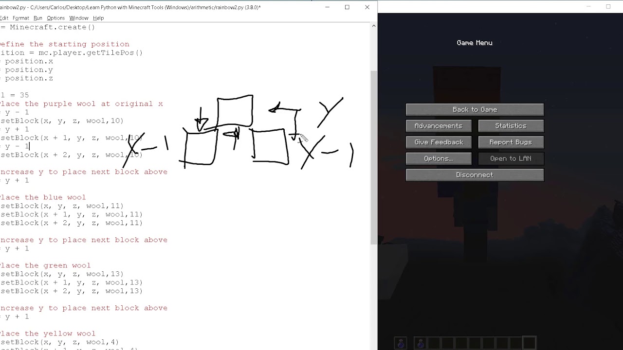 Learn Python with Minecraft - Part 3: Python Arithmetic - Lesson 6: Subtraction Practice - A Rainbow