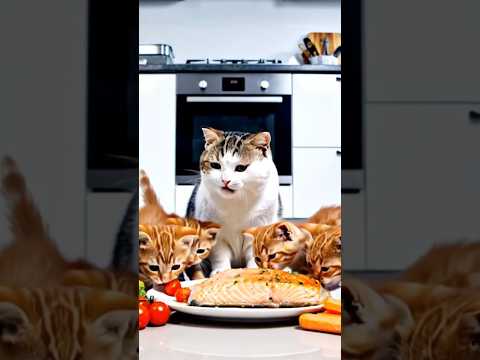 Mama Cat’s Salmon Feast with Her Hungry Kittens 🐟🐱🍴 #shorts #food #cat