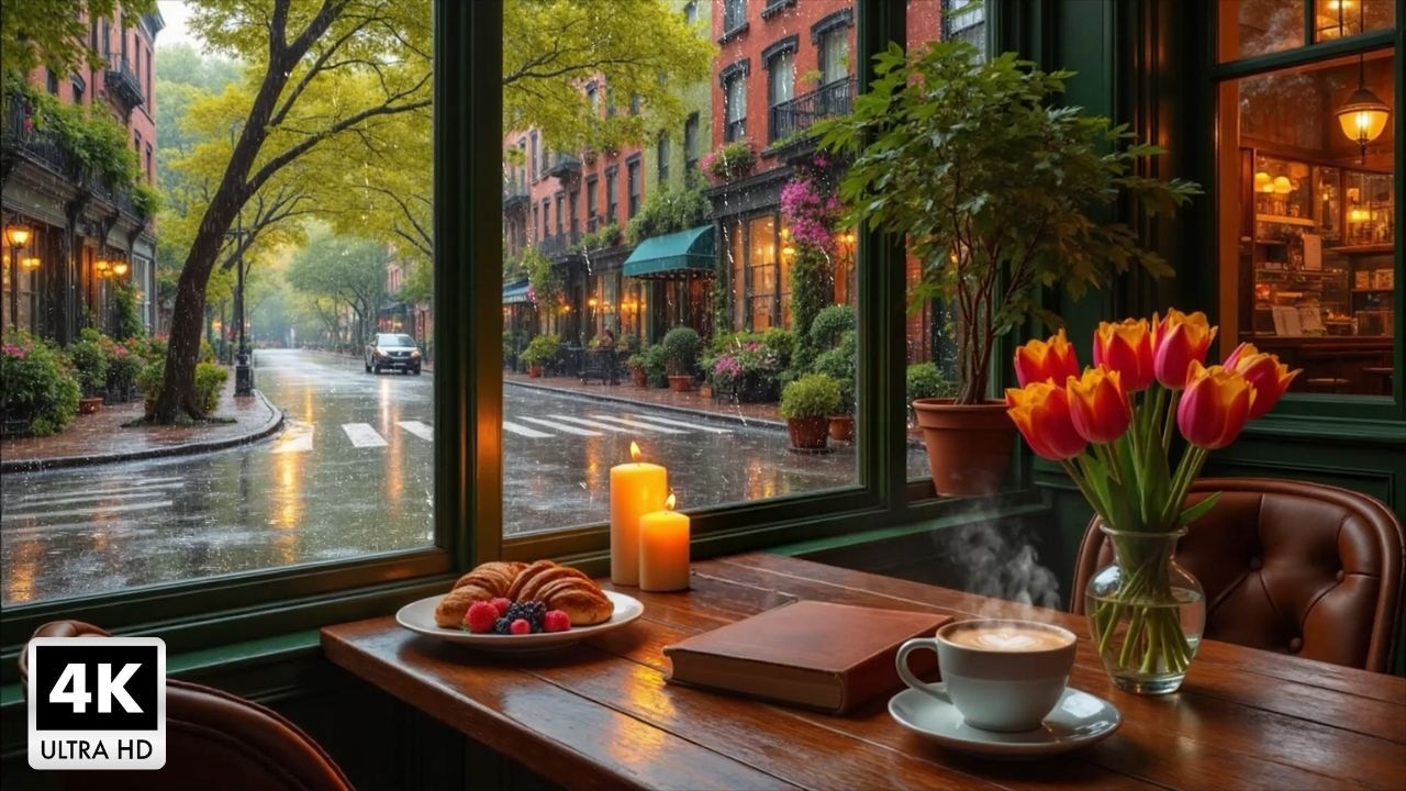 Cozy Coffee Shop Space On A Rainy Day ~ Gentle Jazz Music And Rain Sounds For Stress Relief