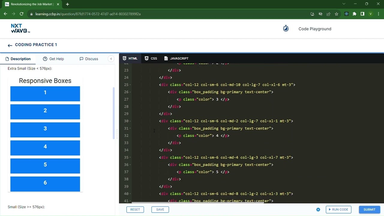 Responsive Boxes  | Coding Practice 1 | HTML, CSS, Bootstrap | NxtWave | ccbp 4.o