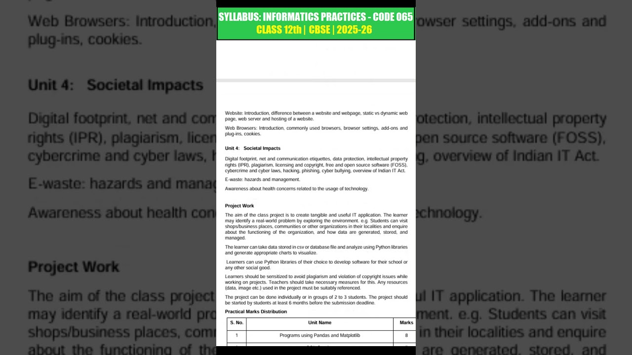 Syllabus | Informatics Practices Class 12th | CBSE 2025-26 🔥 #shorts #ytshorts💻
