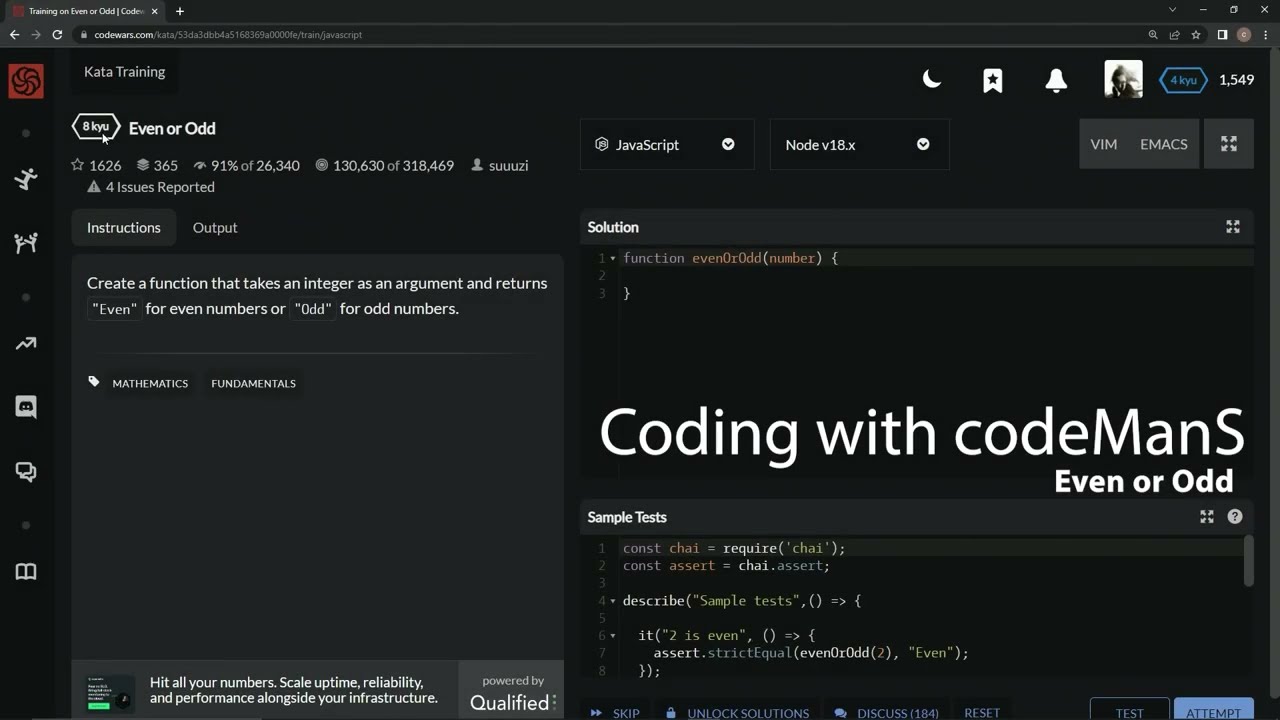 Codewars 8 kyu Even or Odd Javascript