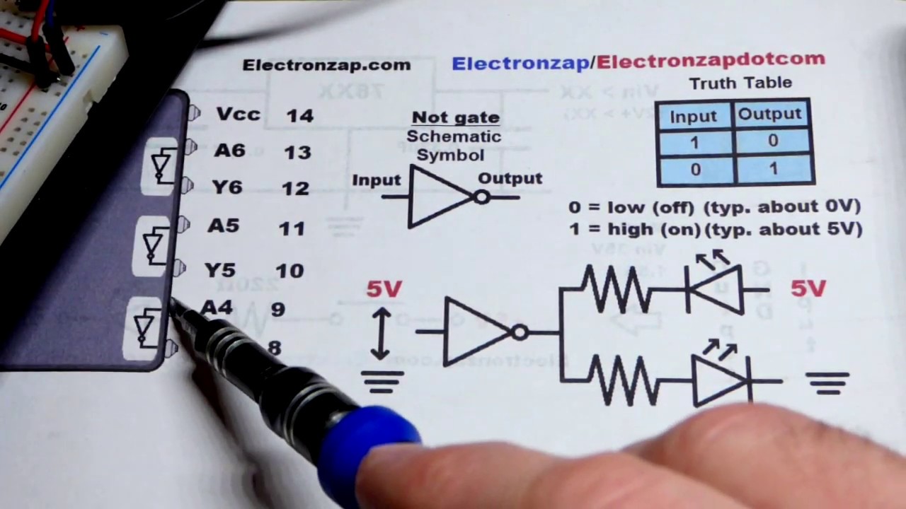 7404 74HC04 Hex NOT gate integrated circuit IC electronics demonstration  by electronzap