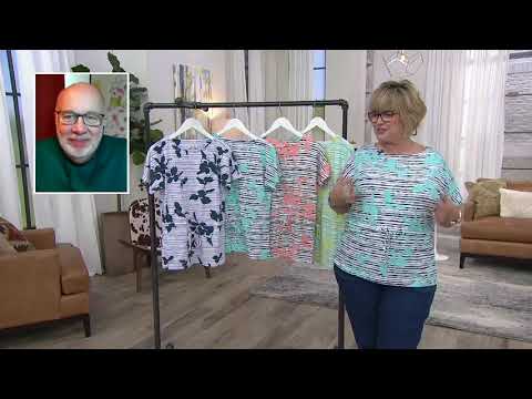 Denim & Co. Printed Jersey Boat Neck Top with Tie Waist on QVC