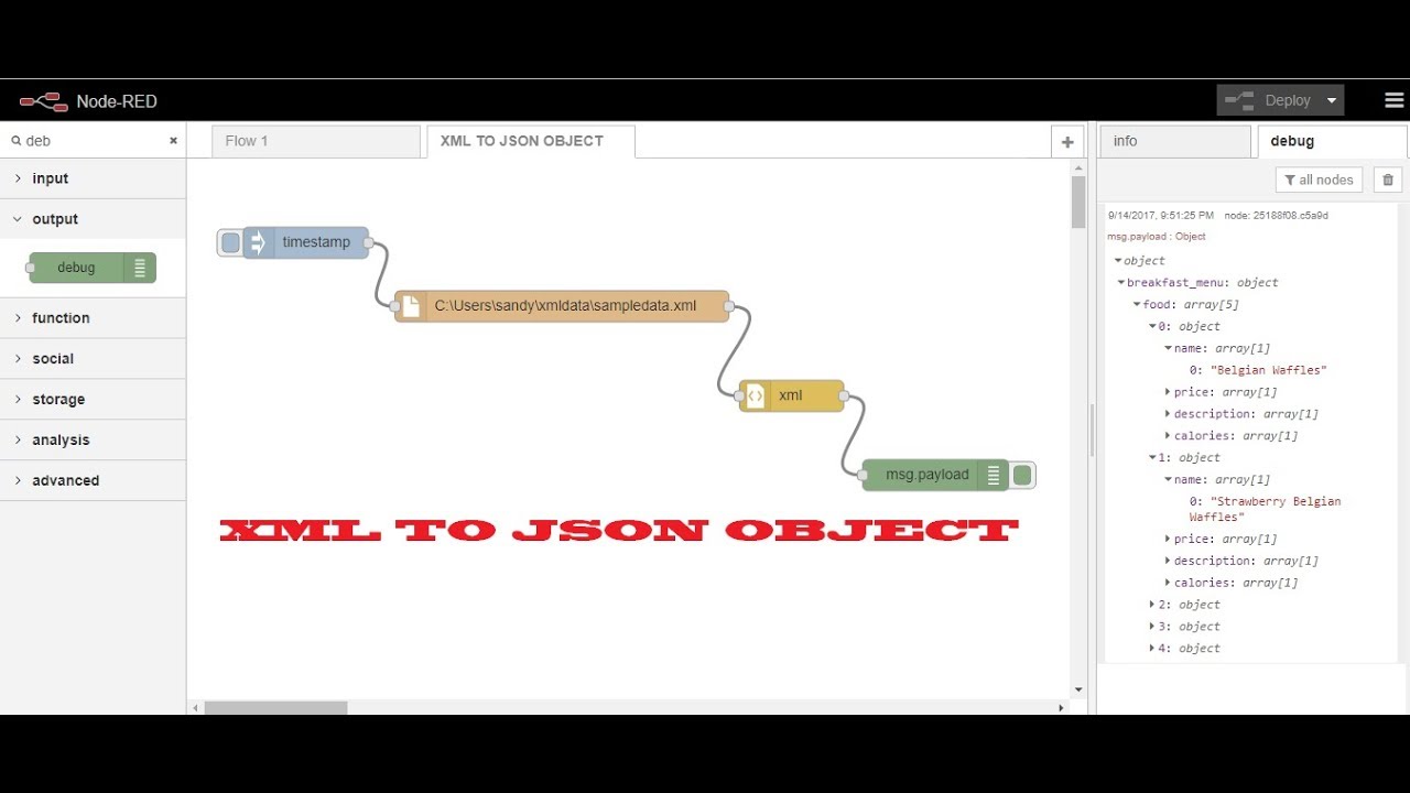 Converting XML Data to JSON Object using NODE RED