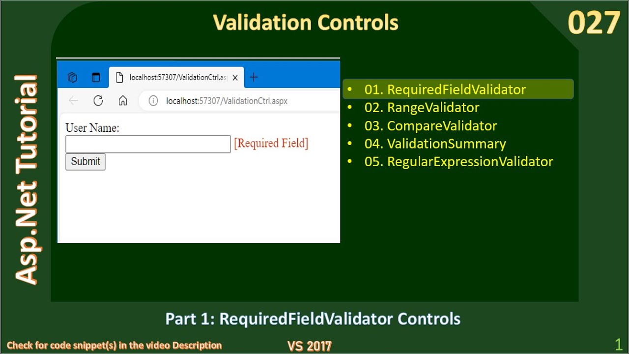 Validation Controls | Part 1 - RequiredFieldValidator | Asp Net Tutorial #027
