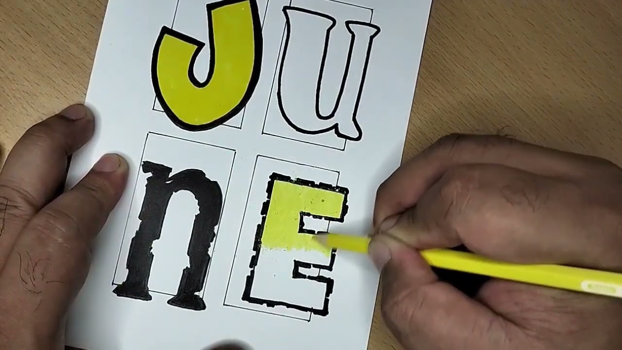 Drawing Word JUNE | simple word art and colouring