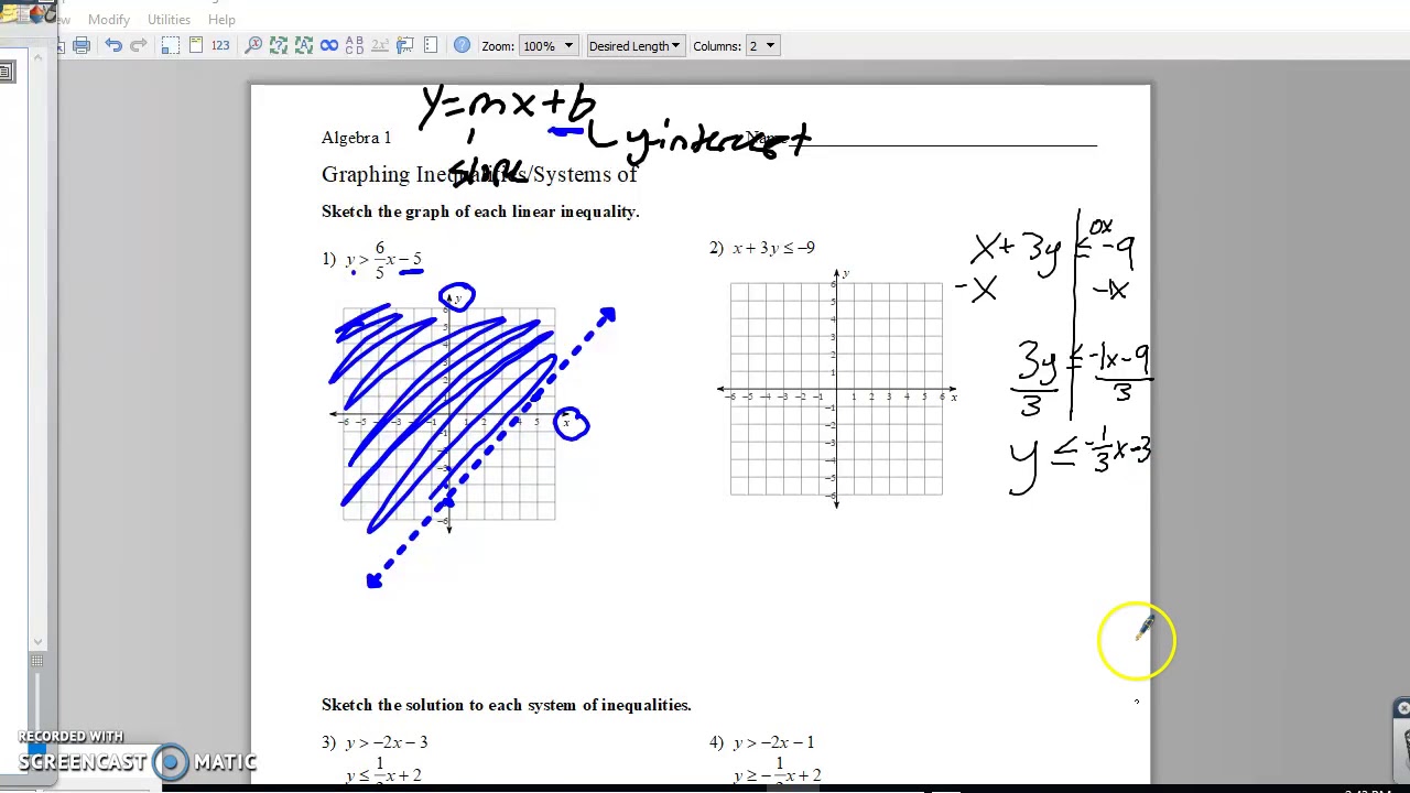 Graphing Inequalities/Systems of Worksheet