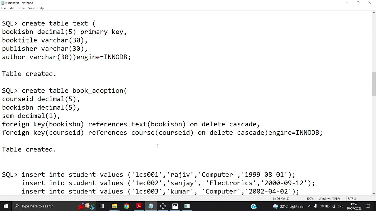 Student Enrollment and Book Adoption DB Lab Assignment Using MySQL(DBMS)