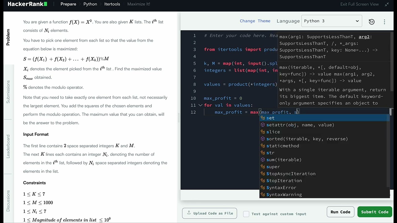 Hackerrank Python Solution #5 Itertools - Python: Maximize It!