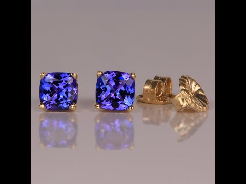 14K Yellow Gold Square Cushion Tanzanite Stud Earrings 2.42 Carats