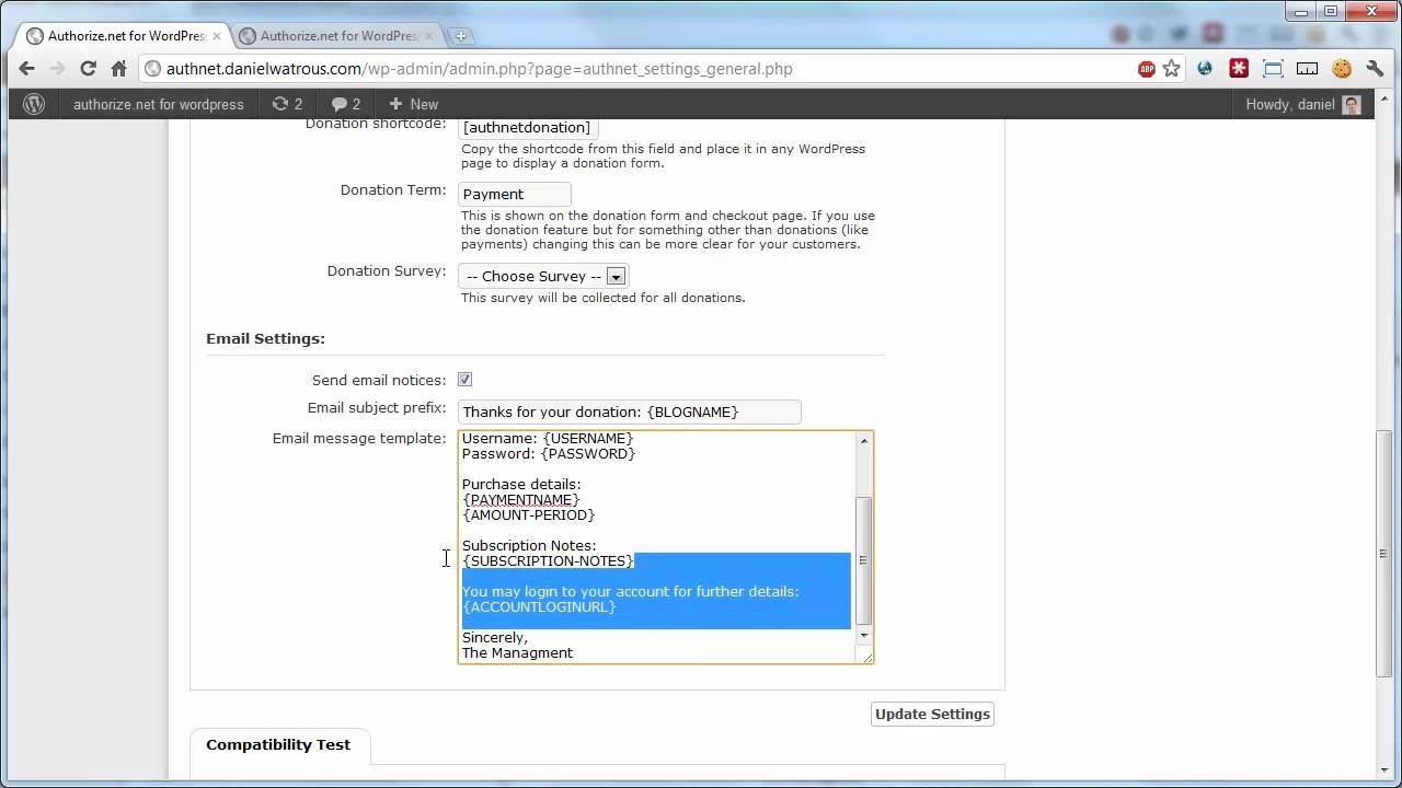 Authorize.net for WordPress: Automatic email communication