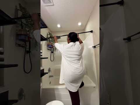 Double shower rod curtain styling with shower lights #diy #homeinterior #bathroomdesign #decor