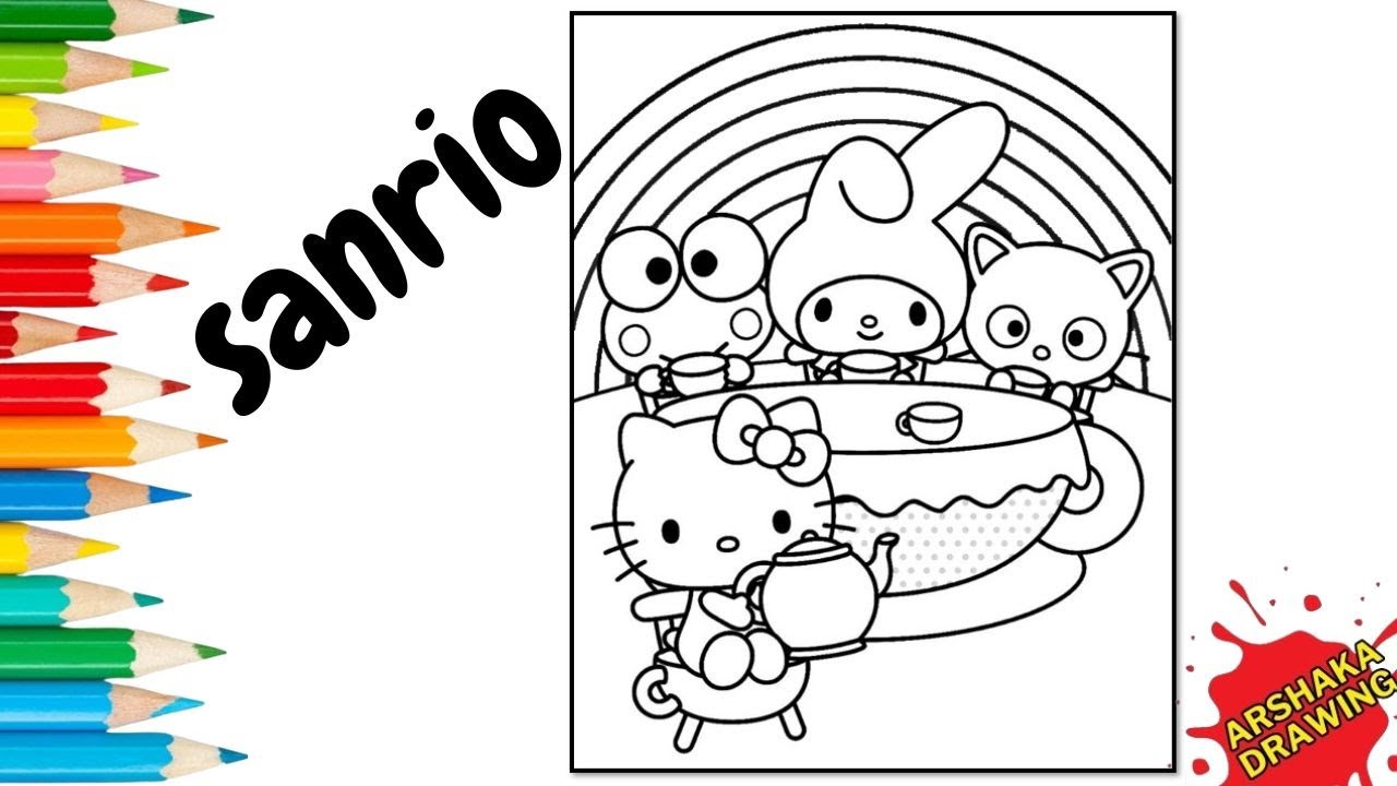 Cute My Melody, Hello Kitty and Friends Dinner with Rainbow Coloring Page - Sanrio Characters