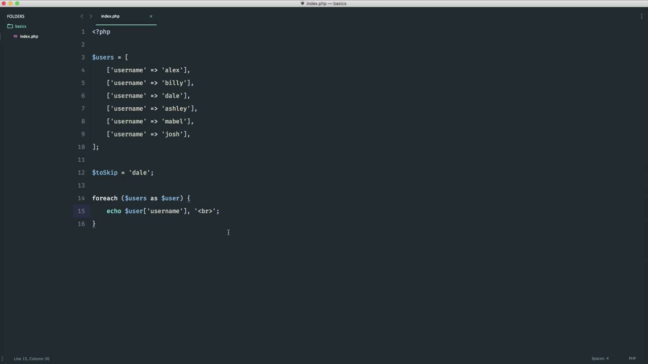 PHP Basics: Looping: Breaking and continuing (22/35)