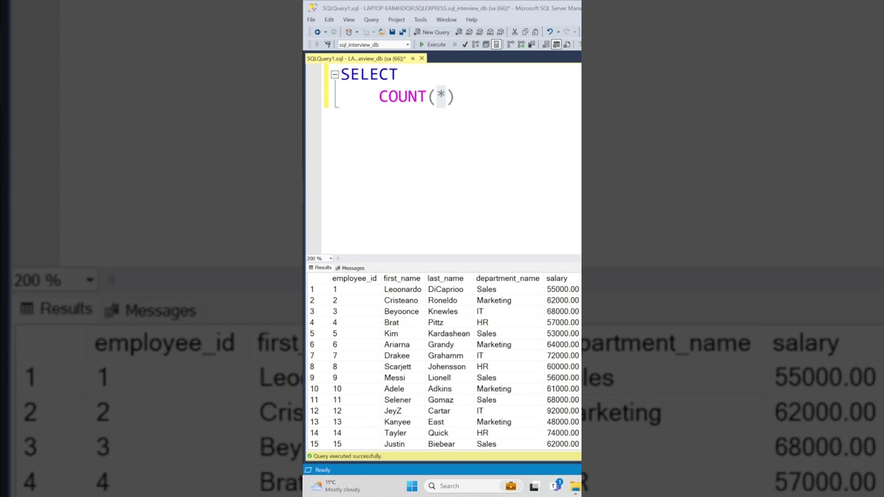 Use the COUNT function in SQL to calculate the total number of records from a SQL table #dataanalysi