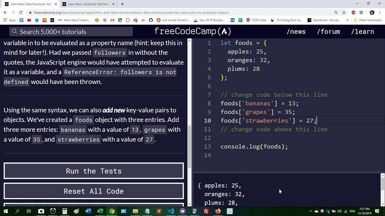 Basic Data Structures - Add Key-Value Pairs to Javascript Objects! (freeCodeCamp Tutorial)