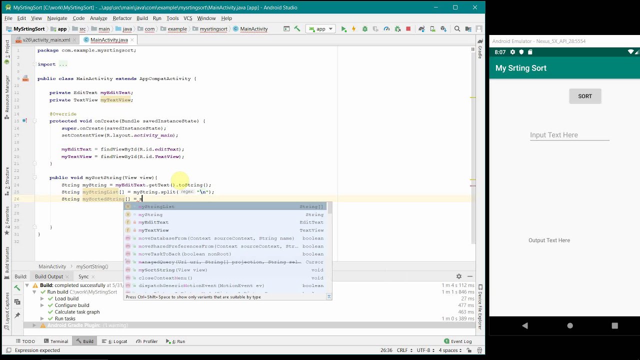 How to sort a string array using Insertion method in your Android App?