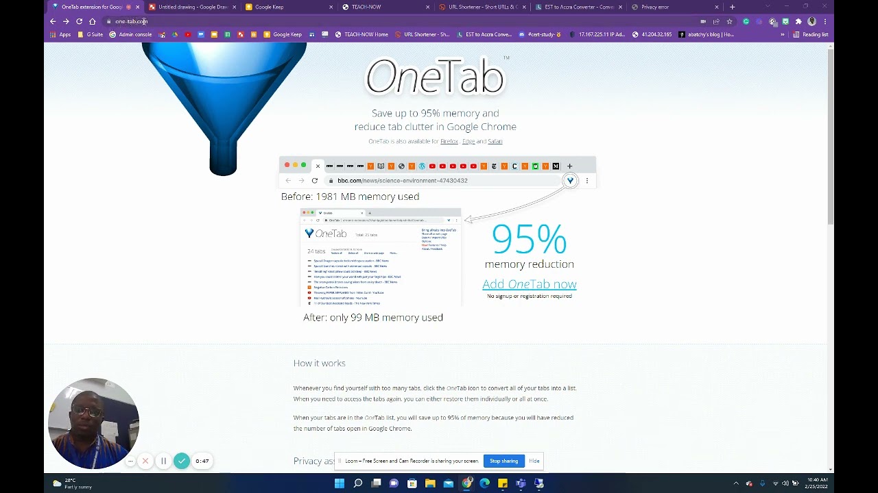 OneTab extension for Google Chrome and Firefox   save up to 95% memory and reduce tab clutter   25 F