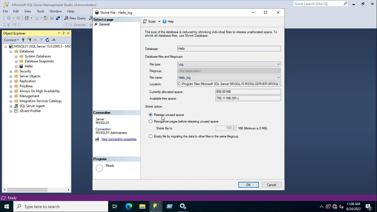Shrinking log file on sql server using SSMS in simple way