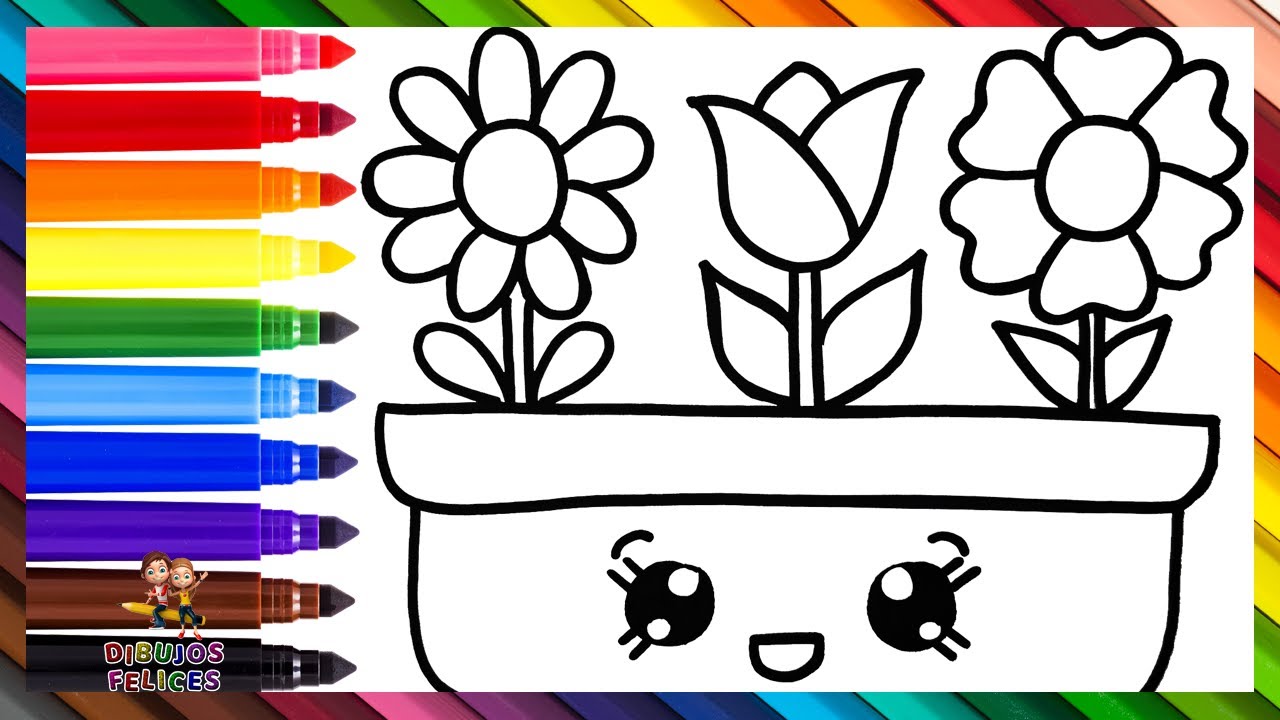 Dibuja y Colorea Una Maceta Con Tres Flores 🌼🌷🌺🌈 Dibujos Para Niños