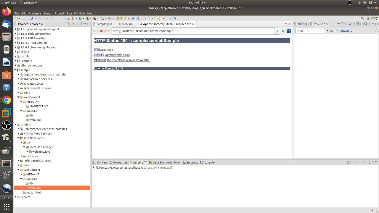 HTTP Status 404 - /sample/servlet/Sample:The requested resource is not available.
