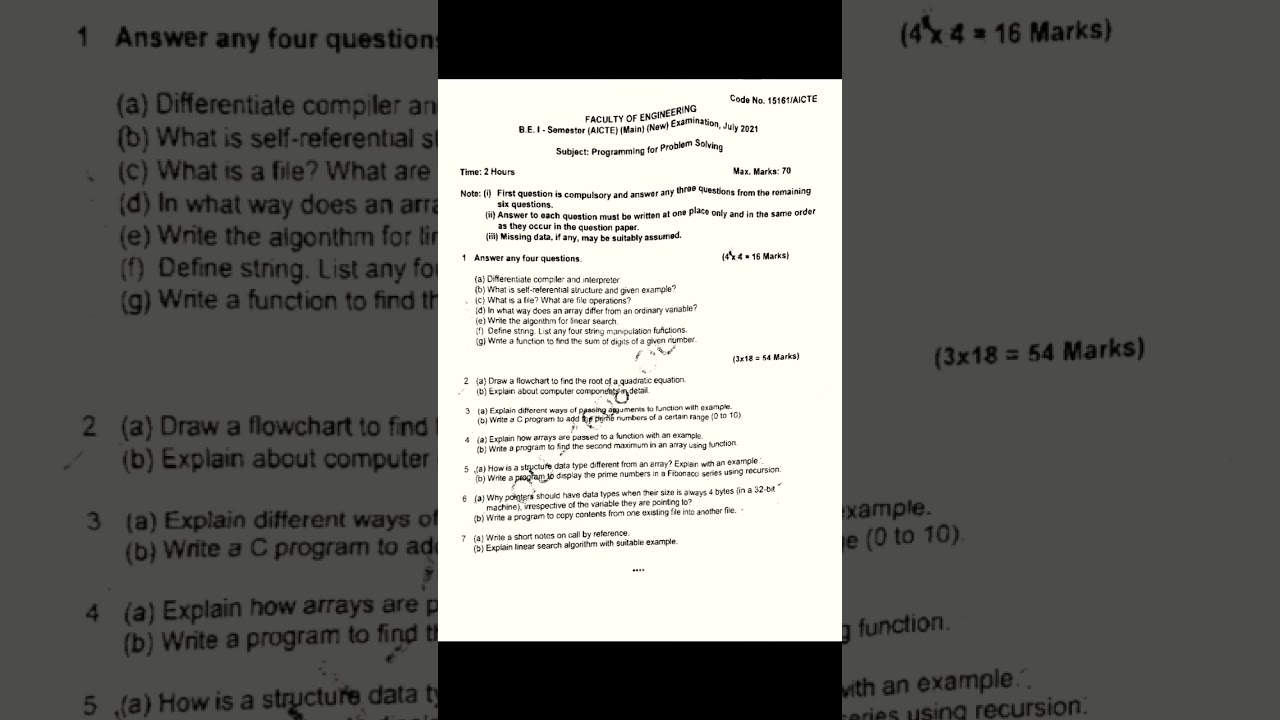BE | 1st Sem | Programming for  Problem solving | July 2021 Question paper