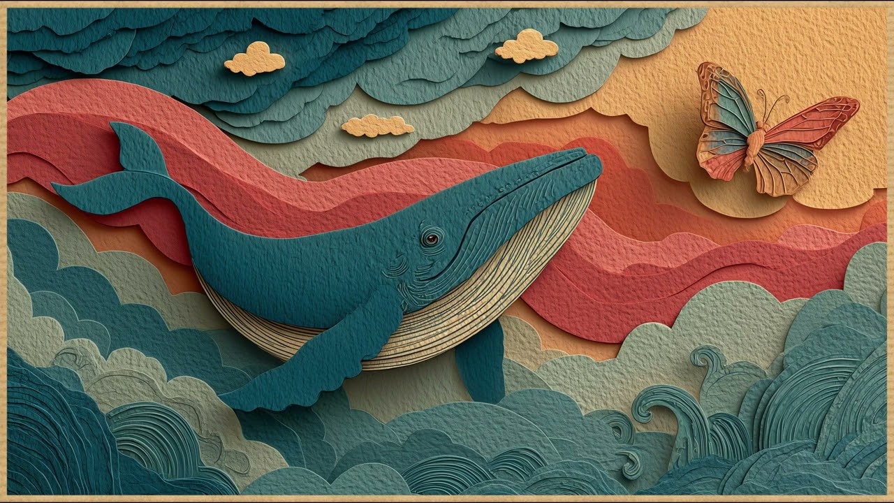 Whispers of the Deep | A Whimsical Papercraft Blue Whale Journey | Still Art Screen Saver | 4K