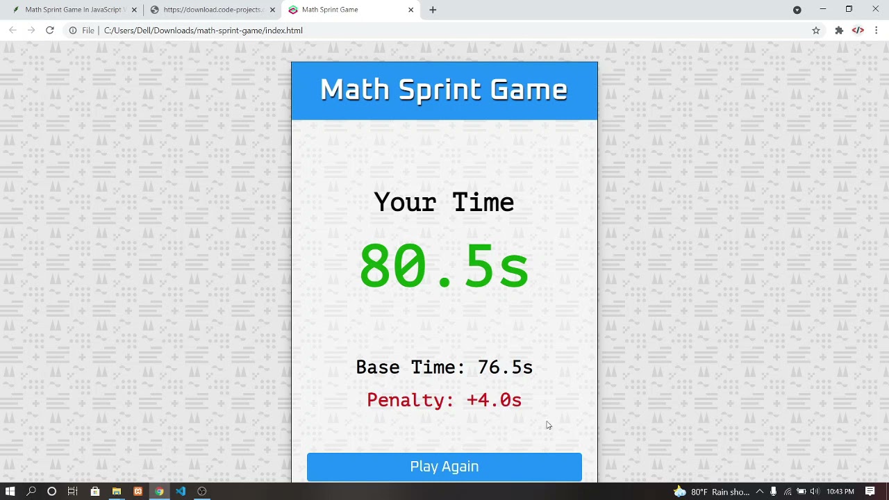 Math Sprint Game In JavaScript With Source Code | Source Code & Projects