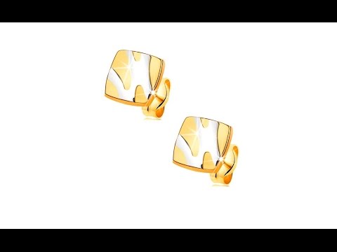 Jewellery - 14K gold earrings - shiny square with asymmetric lines made of white gold