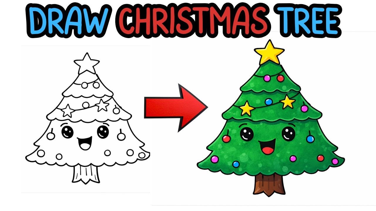 Draw Christmas Tree 🎄 Cute And Easy Coloring | Step By Step For Kids