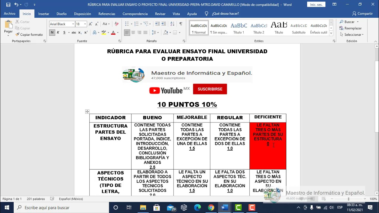 RÚBRICA PARA EVALUAR ENSAYO DE FORMA FÁCIL Y OBJETIVA EN CLASE EN LÍNEA O PRESENCIAL*