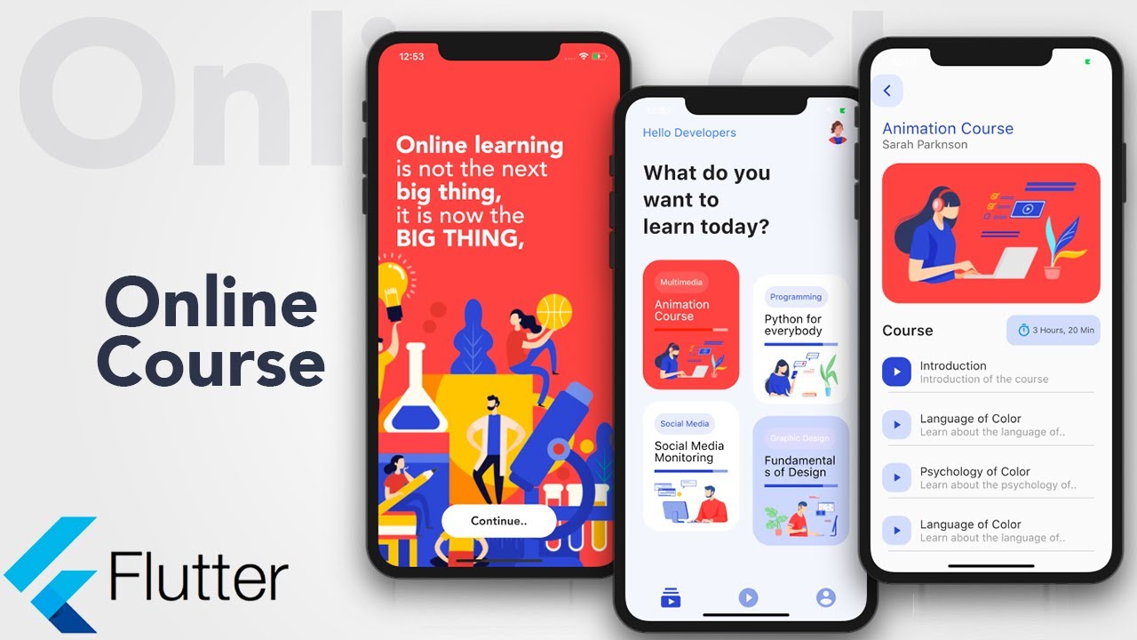 Flutter tutorial Online Course | Flutter UI speed code | Elearning ui
