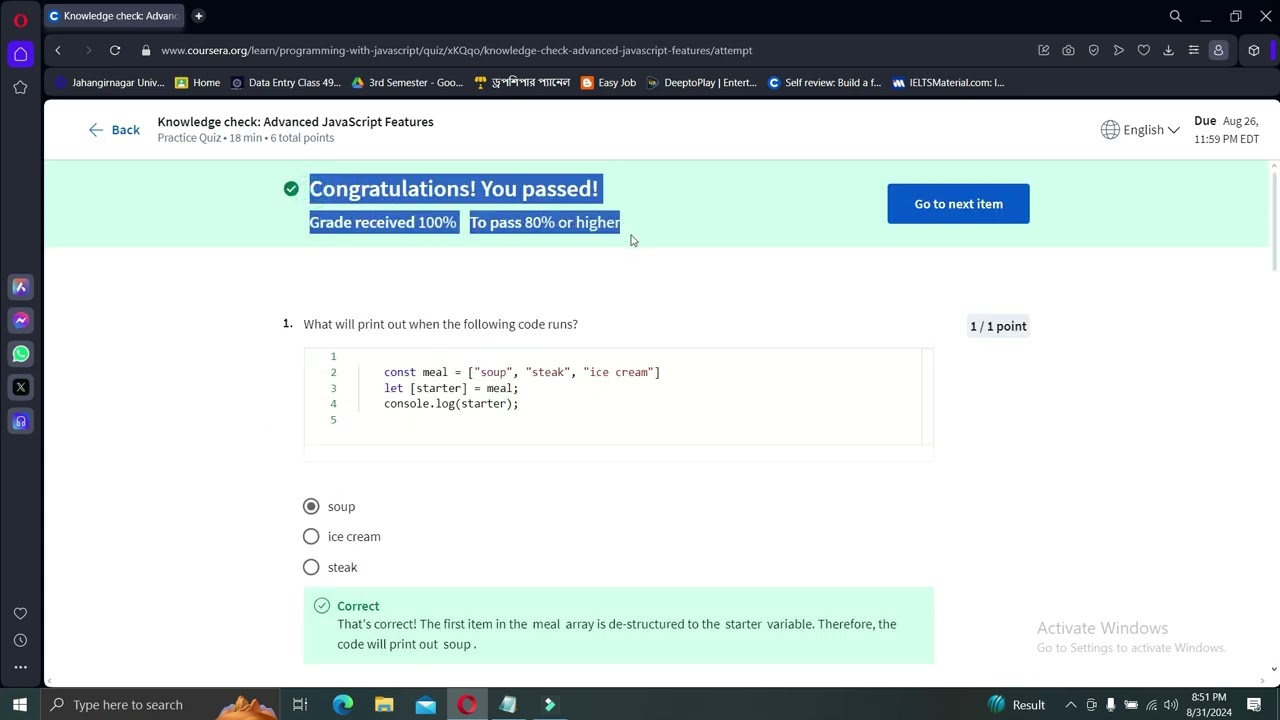 Knowledge check: Advanced JavaScript Features Coursera | Programming with JavaScript Meta
