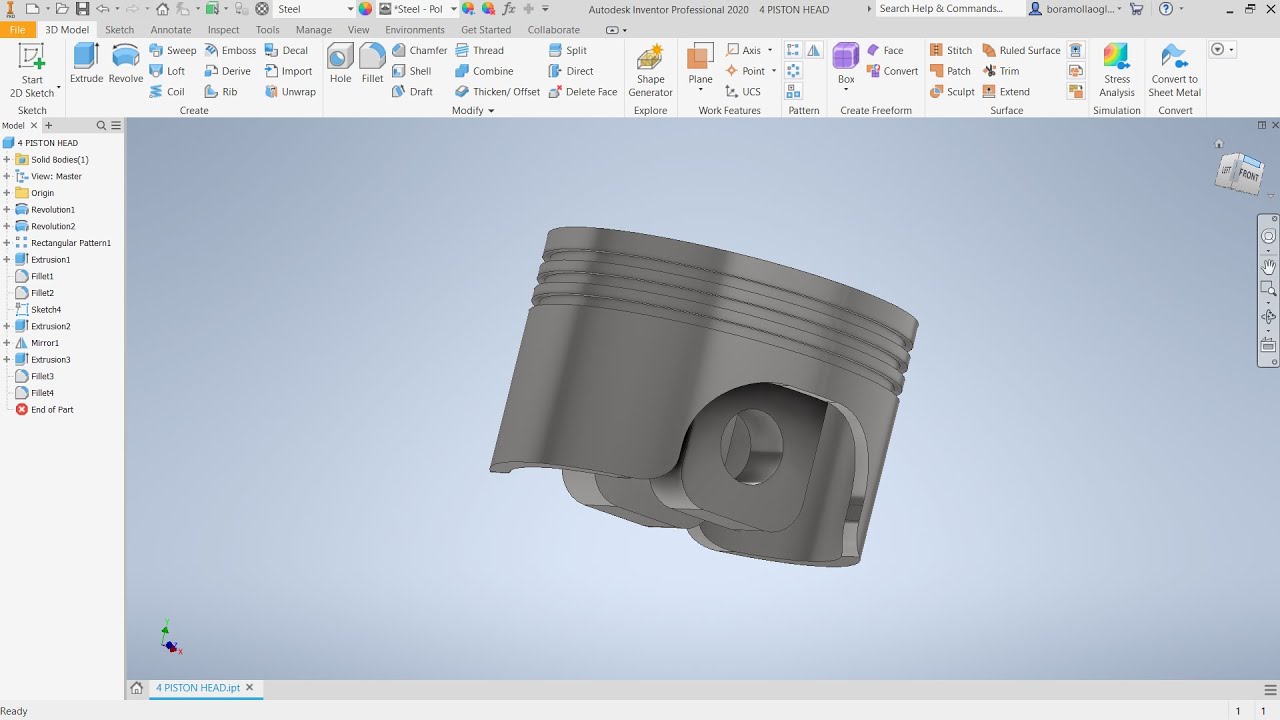 Inventor 2020 Piston Tutorial: PISTON HEAD (4)